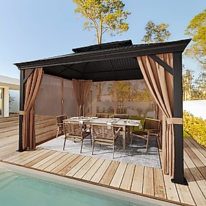 Greesum 10'x12' Hardtop Metal Gazebo, Outdoor Galvanized Steel Double Roof Canopy, Aluminum Frame Permanent Pavilion with Netting and Curtains for Lawns, Patio, Backyard and Deck