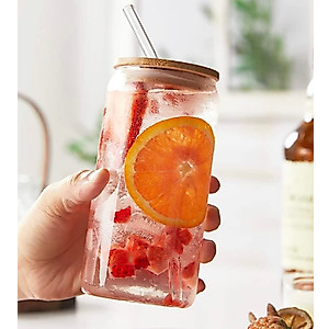 Drinking Glasses with Bamboo Lids and Glass Straw 4pcs Set - 16oz Can Shaped Glass Cups, Beer Glasses, Iced Coffee Glasses, Ideal for Cocktail, Whiskey, Gift - 2 Cleaning Brushes