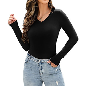 REVETRO Women's Long Sleeve V Neck T Shirt 2024 Fall Ribbed Knit Slim Fitted Casual Solid Color Basic Tee Tunic Tops Black Small…