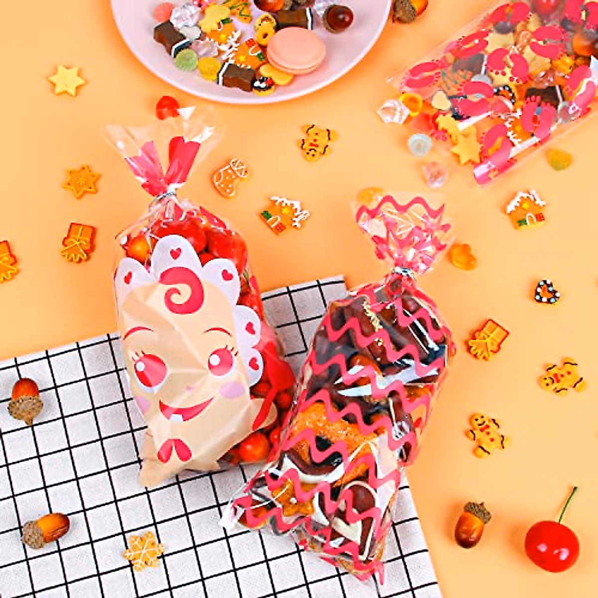 SULOLI Baby Shower Cellophane Bags,120pcs Pink Candy Goodie Bags Gender Reveal Treat Bags with 150 Twist for Baby Shower Party Favor supplies