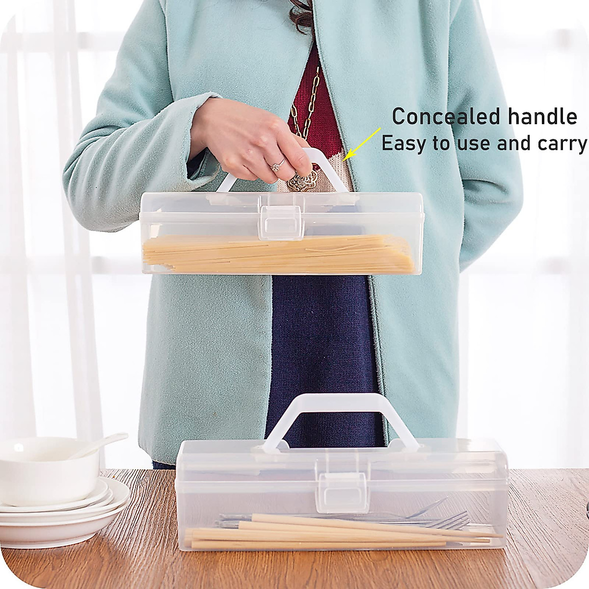 WonLiq Portable Flatware Organizer with Lid, Plastic Cutlery Silverware Cutlery Countertop Storage Containers, Kitchen Utensil Storage Box