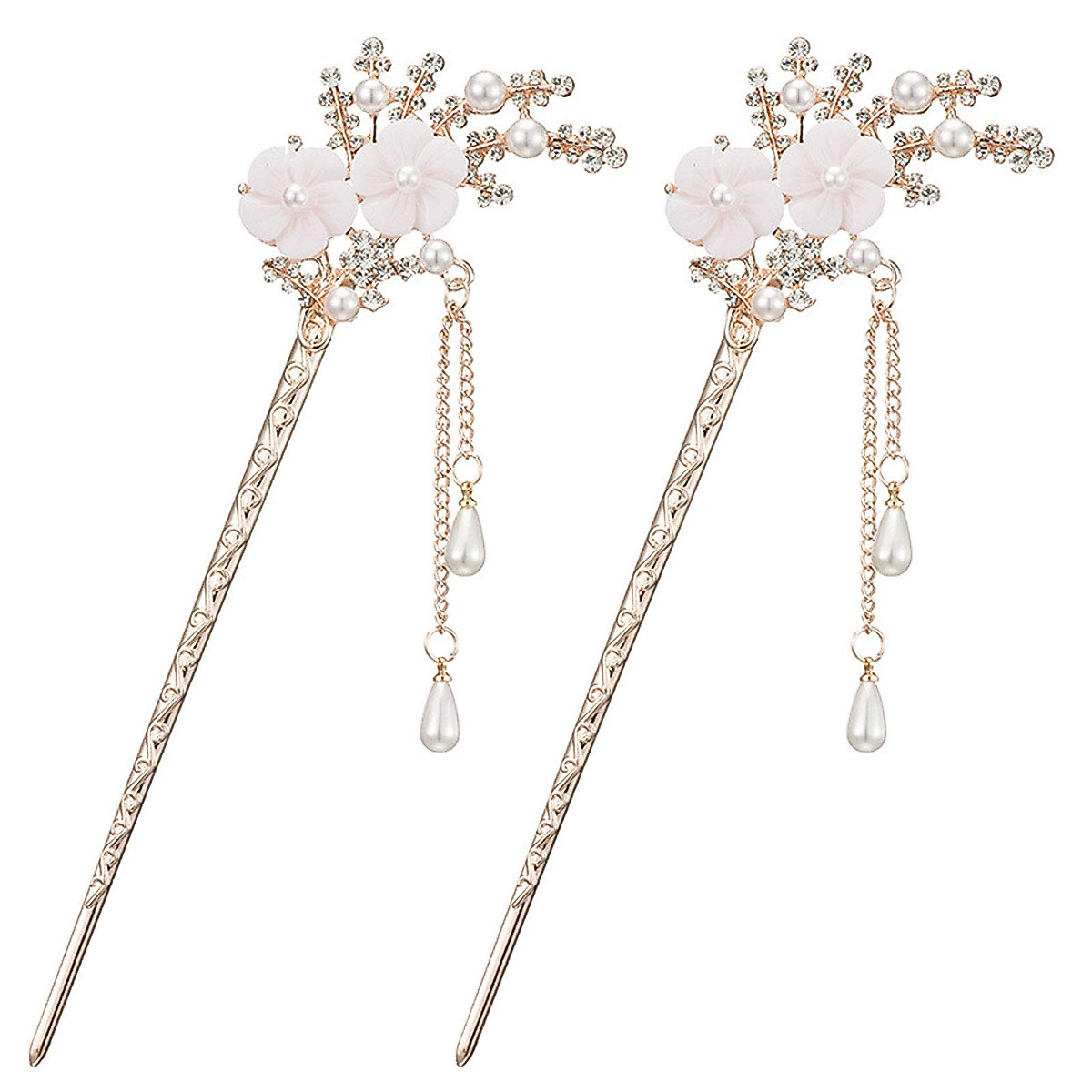 2 Pcs Rhinestone Pearl Flower Hair Stick Chinese Hair Chopsticks Vintage Tassel Hair Pin Chignon Pin Chopsticks Hair Styling Hair Making Accessories for Women (White)1