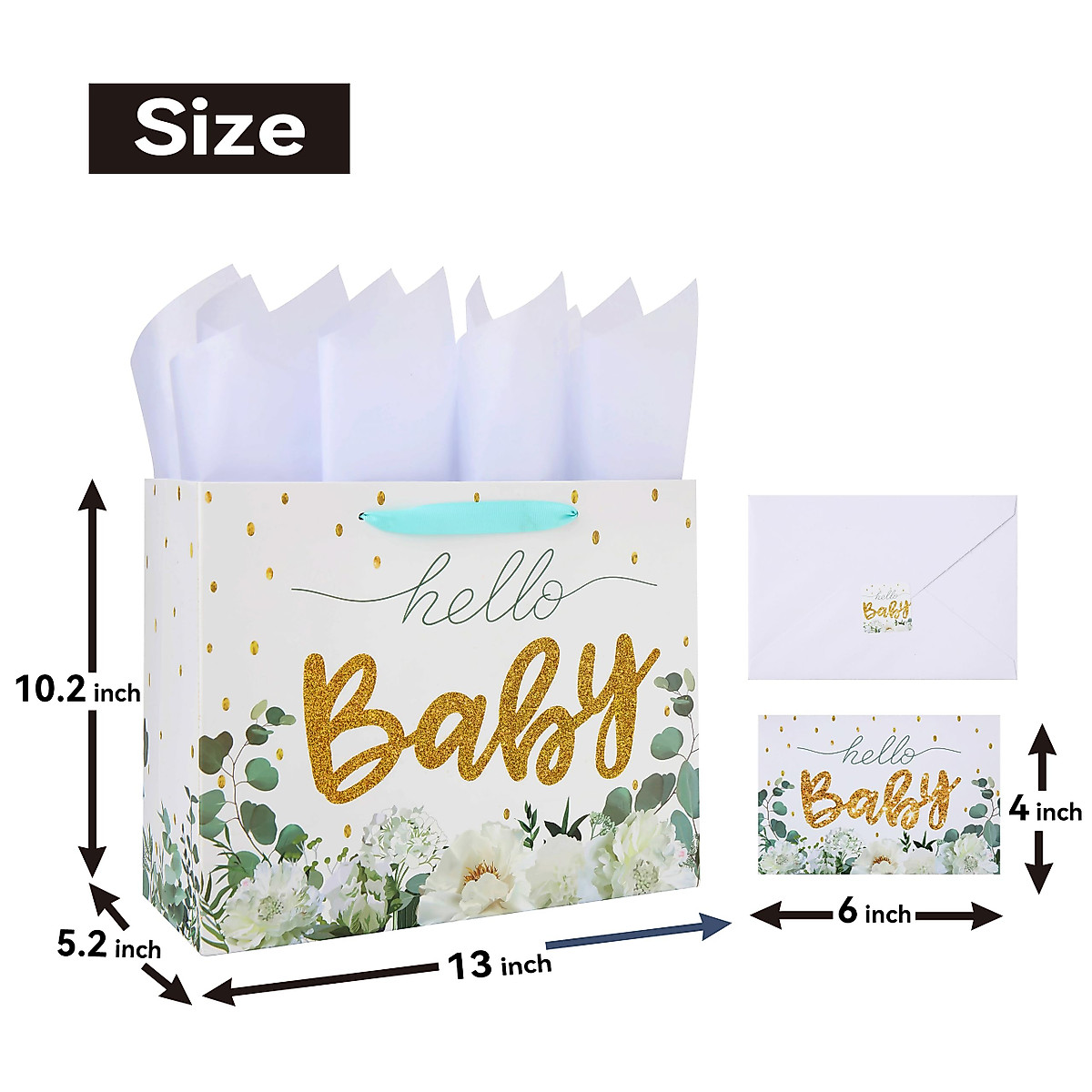 13" Large White Gift Bag Set with Greeting Card and Tissue Papers (Gold Glitter ‘Baby’) for Girls' Birthday Party, Women's Birthday Parties, Baby Shower, Baby Girl or Boy - 13”x5.2”x10.2”, 1 Pcs.