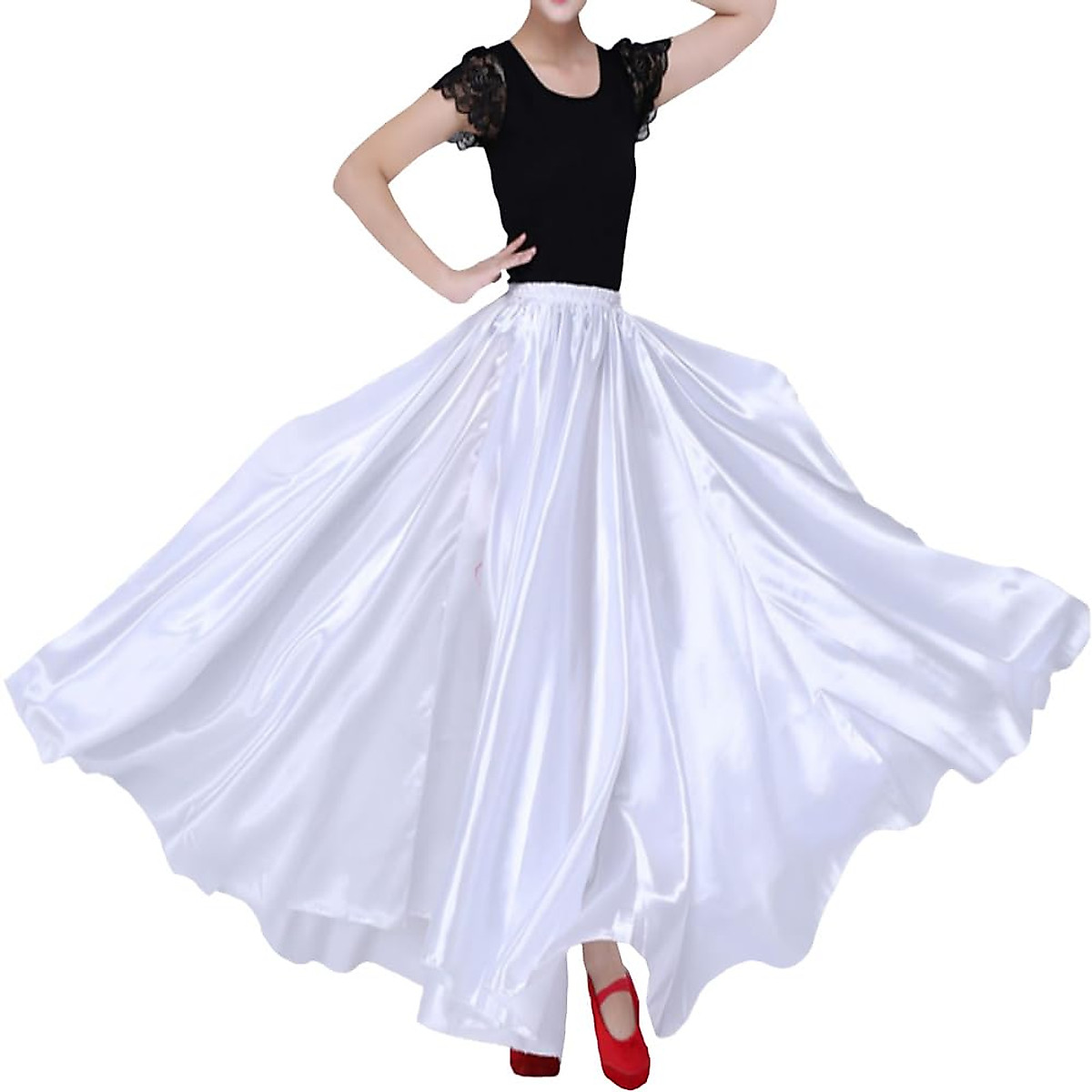 BACKGARDEN Ladies 20 Yard Elegant Satin Long Full Skirt for Ballroom Belly Dance Performance Costume Dress White