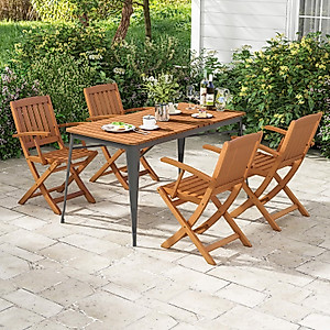 Tangkula Patio Wood Folding Chair Set of 2, Outdoor Eucalyptus Wood Dining Chairs w/Armrests & Slatted Seat, for Backyard, Porch, Poolside, Lawn, Garden, Load up to 400 LBS (1, Natural)