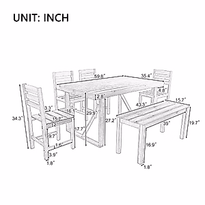 6 Person Outdoor Acacia Wood Dining Table Set, All Weather 6 Pieces Conversation Set, 60'' Rectangle Dining Table with 4 Chairs and Bench for Patio Backyard Garden Poolside Balcony (Natural-26)