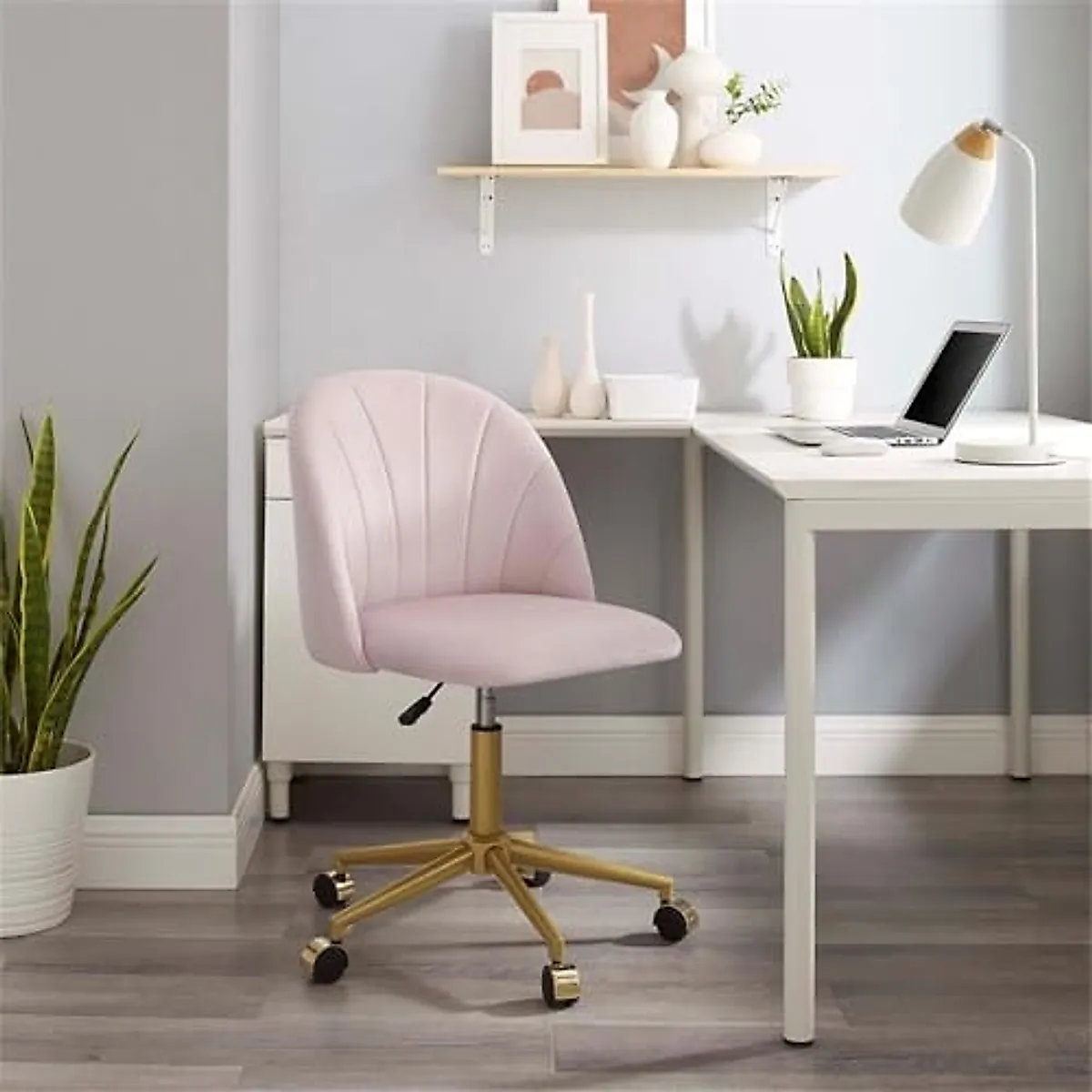 Pemberly Row Upholstered Adjustable Swivel Desk Chair Gold Legs in Blush Pink