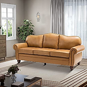 HULALA HOME 81'' Upholstered Leather Sofa with Nailhead Trim and Rolled Armrests, Mid-Century Modern Living Room 3-Seater Couch, Camel Couch with Removable Cushion for Bedroom Apartment