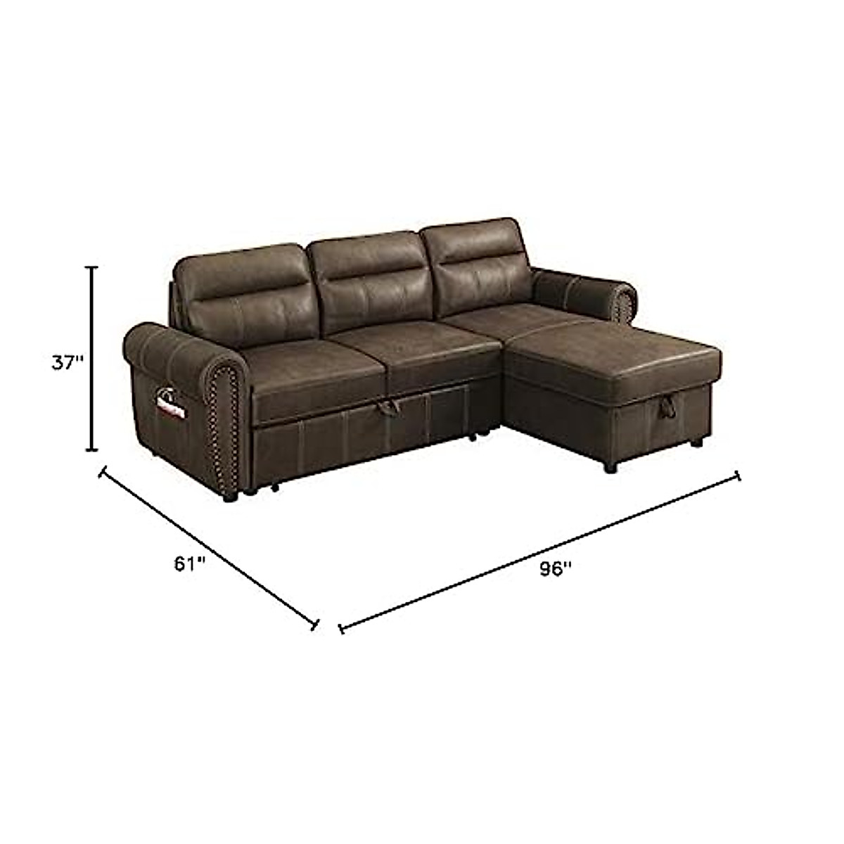 Lilola Home Hugo 96" W Brown Reversible Sleeper Sectional Sofa Chaise with USB Charger