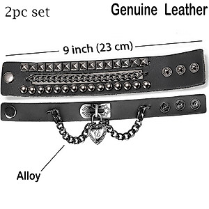 Perfect 4U Rivet Bracelet Multilayer Black Leather Cuff Heart Pendant Bangle Studded Chain Wrist Punk Sports Rock Bracelet Adjustable (Black Heart)