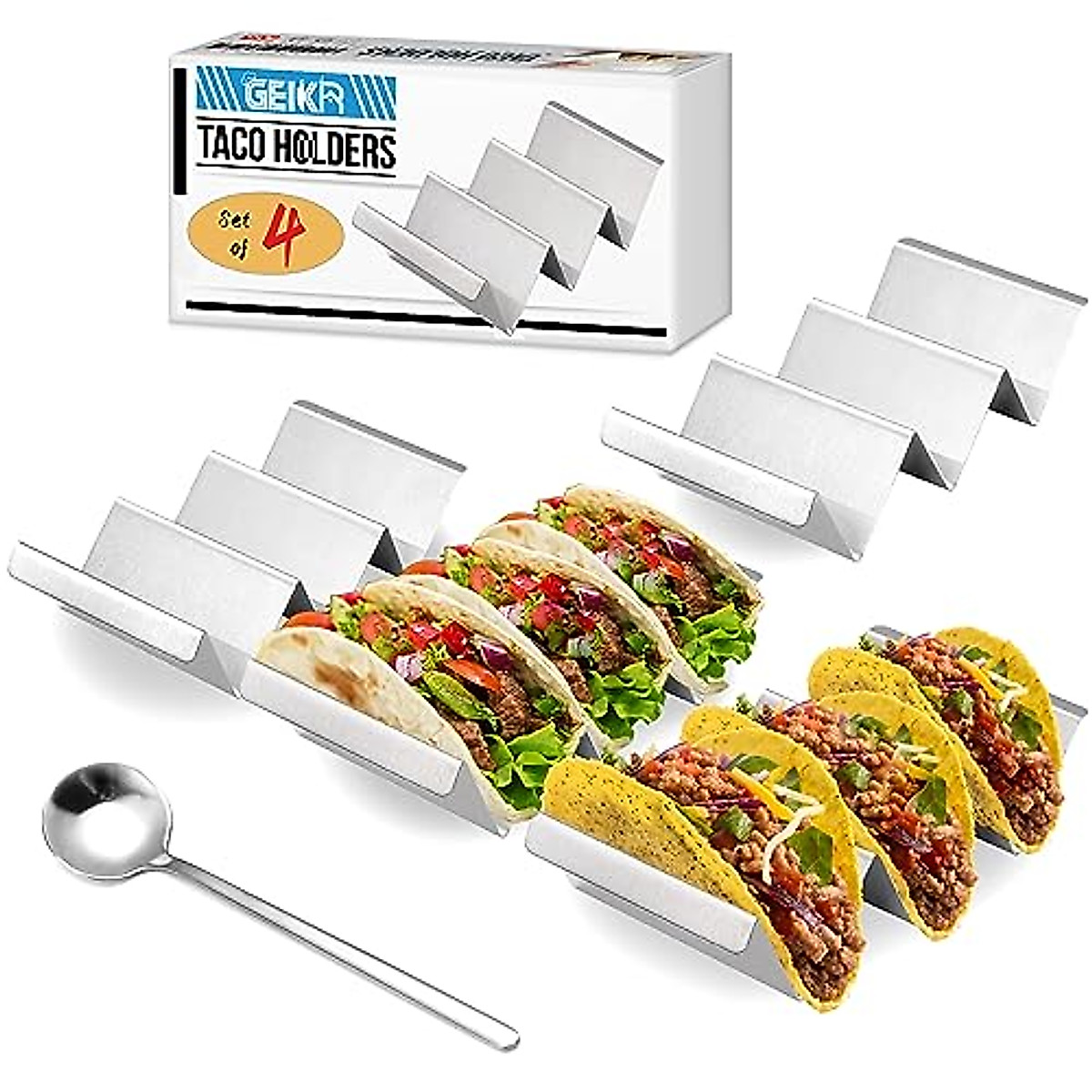 GEIKR Stainless Steel Taco Holders Set of 4, 𝟮𝟬𝟮𝟯 𝙉𝙚𝙬 Oven & Dishwasher & Grill Safe Taco Trays, Each Metal Taco Stands for 3 Tacos, Taco Rack with Handles, Stylish Taco Shell Holders