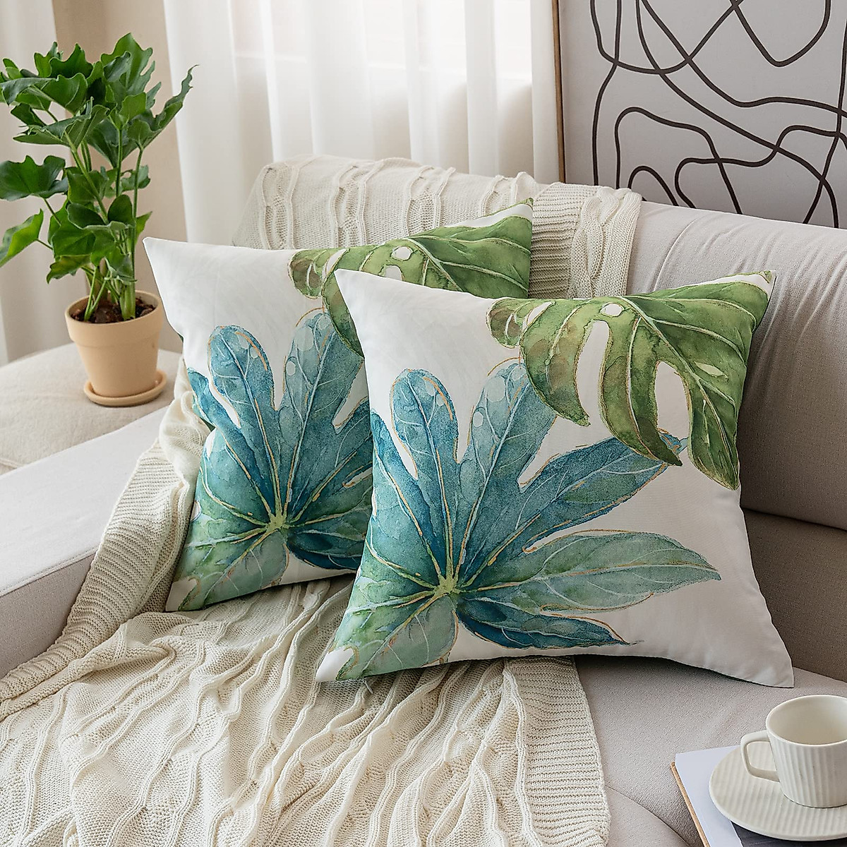 Green Tropical Leaves Throw Pillow Covers Set of 2 Decorative Monstera Palm Leaf Couch Pillow Case Botanical Plant Outdoor Pillow Covers Waterproof Fabric for Patio Bedroom Living Room, 18" x 18", C2