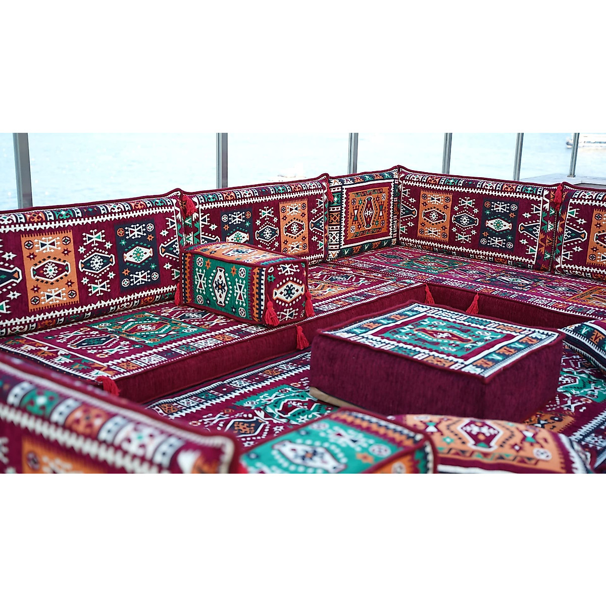 Premium U Shaped Arabic Sofa Set, Maroon Floor Cushions, Arabic Seating Floor Sofa, Backrests, Moroccan Sofas, Arabic Majlis (U Sofa Full Set)