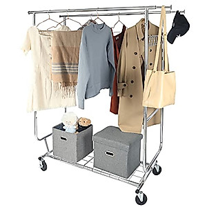 ALUPOM Extendable Double Rod Clothing Rack on Wheels with Shelves Capacity 330lbs, Heavy Duty Rolling Chrome Commercial Garment Rack for Hanging Clothes