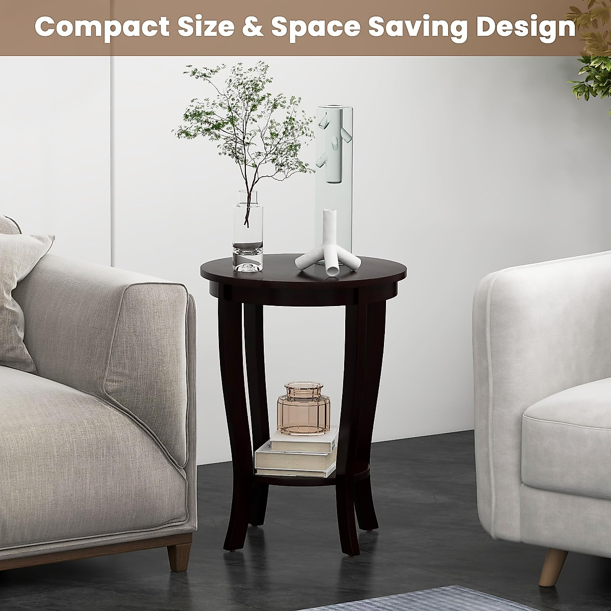 GOFLAME 2-Tier Round End Table, 18” Sofa Side Table with Storage Shelf, Floor Tea Table with Solid Wood Legs, Compact Nightstand for Small Space, Living Room, Bedroom, Espresso