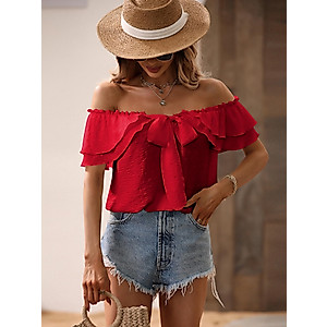 SweatyRocks Women's Off Shoulder Ruffle Trim Knot Front Blouse Tiered Layer Butterfly Short Sleeve Chiffon Tops Summer Red L