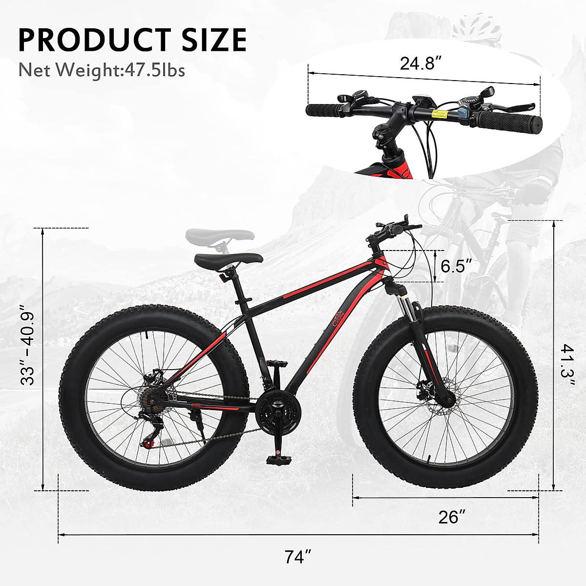 Ktaxon 26 Inch Bike Mountain Bike 4" Fat Tire Bike with 21-Speed Shifting System, Unmatched High-Carbon Steel Frame, Excellent Welding Technology, All Terrain Tires and 85% Assembled (Red&Black)