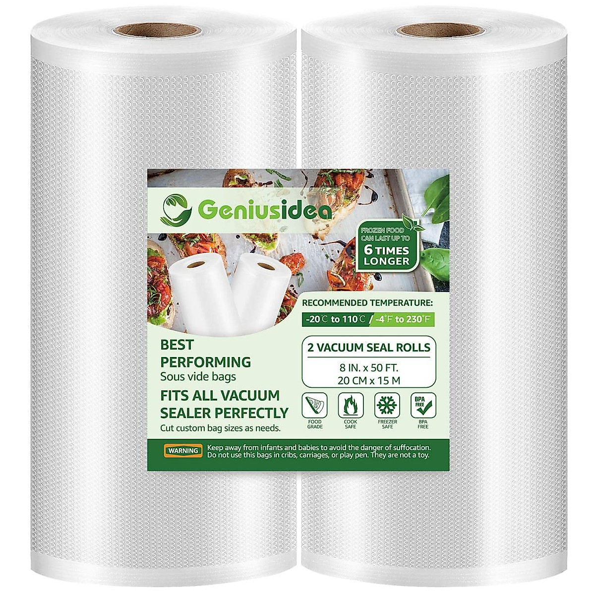 Geniusidea Vacuum Sealer Bags 8''x50' 2 Pack for Food Saver, Seal a Meal, BPA Free, Commercial Grade, Custom Fit Food Saver Bags Rolls for Sous Vide, Meal Prep, Vac Storage (100 Feet in Total)