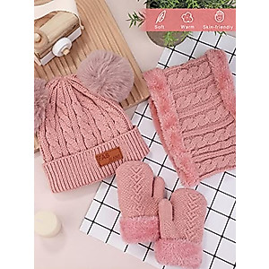 Cooraby 3 Pieces Toddler Winter Knitted Hat Scarf Gloves Set Knit Fleece Lined Thermal Set for Boys Girls, Coral
