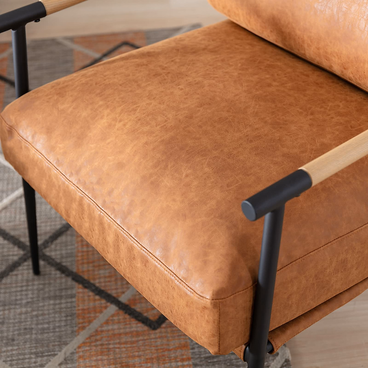 Ya-Home Mid-Century Accent Chair, Soft Armchair PU Leather Lounge Chair with Black Metal Legs, Upholstered Leisure Chair for Living Room Bedroom Reception Room, 1PC, Brown