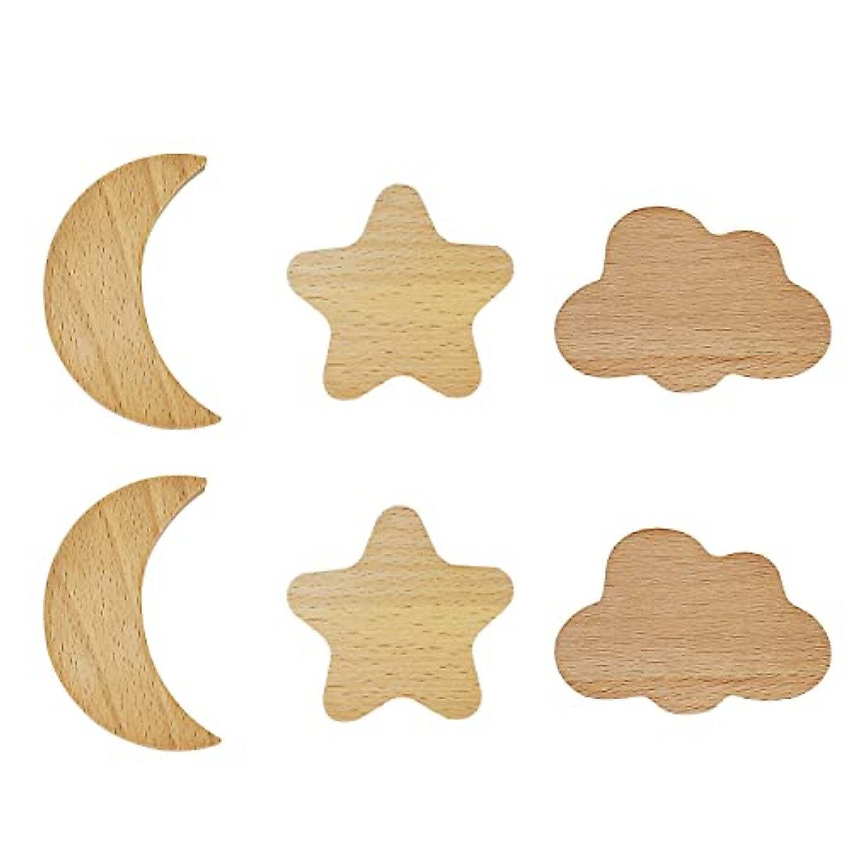 KUMGROT 6pcs Coat Hooks Wall Mounted Wood Wall Hooks Decorative Cute Hooks for Living Room Bedroom Hanging Clothes Hats Towels Purse 2 Moons 2 Stars 2 Cloud