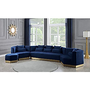 Meridian Furniture Marquis Collection Modern | Contemporary Velvet Upholstered Sofa with Stainless Steel Base in a Rich Gold Finish, 93" W x 38" D x 29" H, Navy