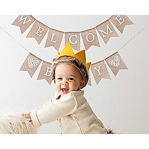 Welcome Baby for Burlap Banner - Bunting Garland for Baby Shower Party Ornament Favors, Baby Photo Prop，Baby Shower Welcome Sign (WELCOME BABY)