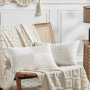 Fancy Homi 2 Packs Cream White Lumbar Decorative Throw Pillow Covers 12x20 Inch for Couch Bed Sofa, Rustic Farmhouse Boho Home Decor, Soft Striped Corduroy Rectangle Accent Cushion Case 30x50 cm