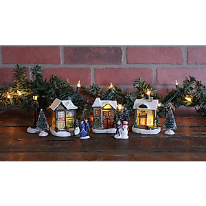 One Holiday Way Miniature LED Lighted 10-Piece Christmas Village Scene with Fire Station - Vintage Small Decorative Mini Light Up Tabletop Mantel Shelf Xmas Winter Decorations Home Decor