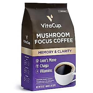 VitaCup Focus Mushroom Coffee Grounds, with Lions Mane, Chaga, B Vitamins, D3, Boost Focus, Immunity, Memory & Clarity, Medium Dark Roast, Bold & Smooth 100% Arabica Specialty, 10 Oz