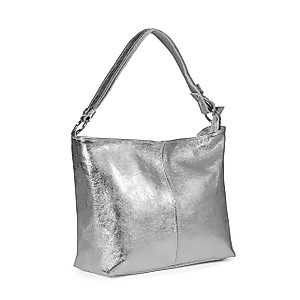 LiaTalia Womens Genuine Italian Leather Medium Size Shoulder Hobo Bag - Adjustable Long Strap Handbag - EMMY [Silver]