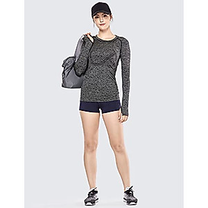 CRZ YOGA Women's Seamless Athletic Long Sleeves Sports Running Shirt Breathable Gym Workout Top Black/White-Slim Fit Large