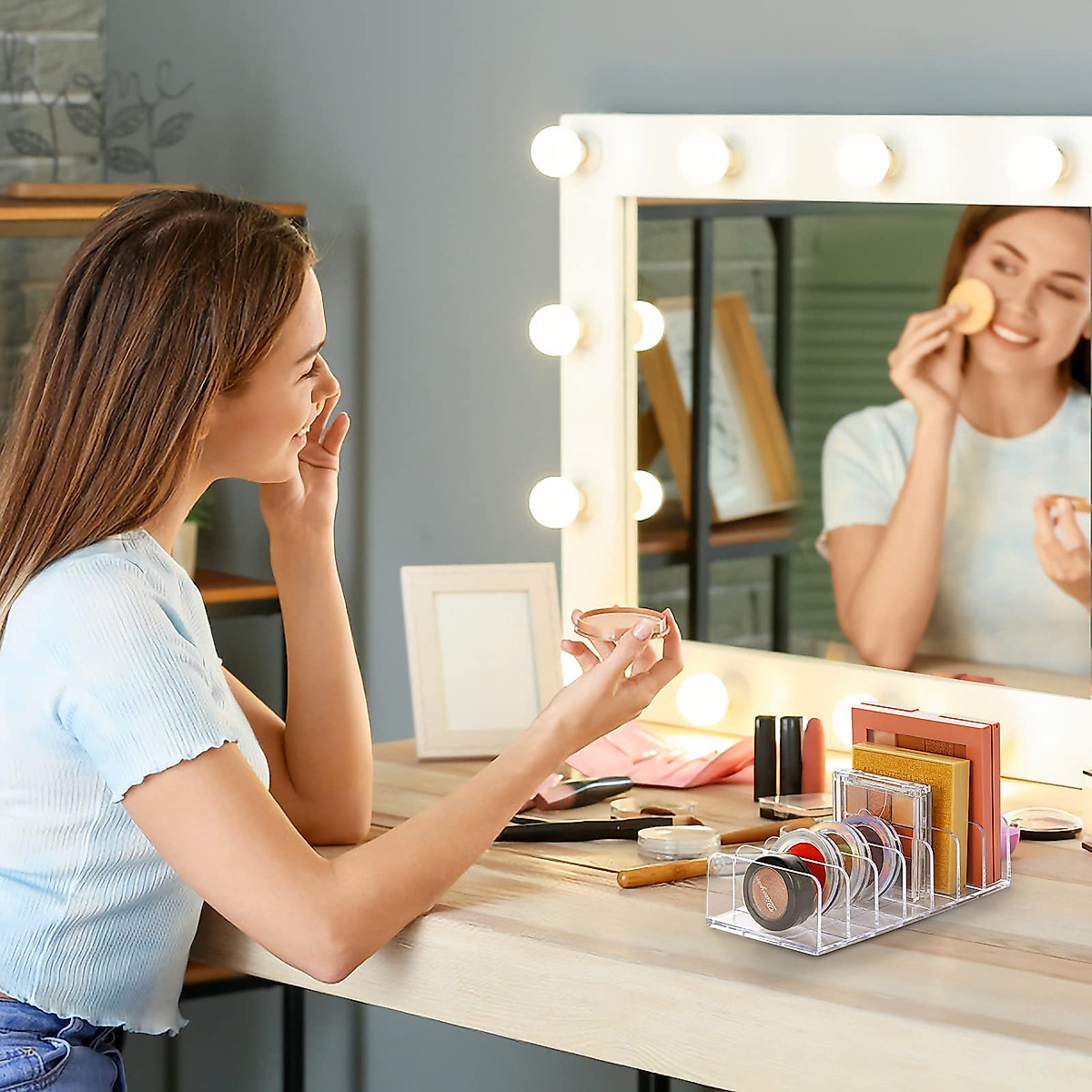 Luxspire Acrylic Eyeshadow Organizer, 2 Pack Makeup Drawer Organizer 7 Space Cosmetic Makeup Palette Organizer, Blusher Highlight Powder Display Stand Storage Case Beauty Care Holder Container, Clear