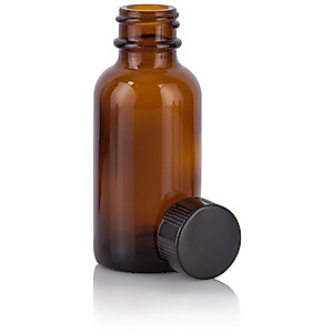 1 oz / 30 ml Amber Glass Boston Round Bottle with Airtight Phenolic Cap (6 Pack) + Funnel