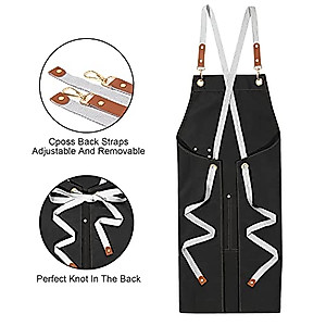 LOYGLIF Chef Aprons for Men Women with Large Pockets, Cotton Canvas Cross Back Adjustable Cooking Kitchen Work Waterproof Bib Apron Black