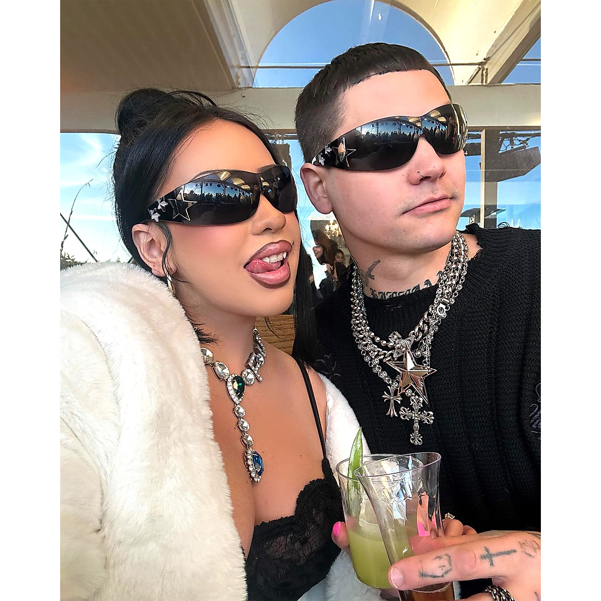 Star Y2K Sunglasses for Women,Rimless Shield, Wrap Around Glasses 2000S Trendy Aesthetic, Black Shades