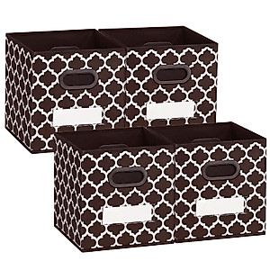 homyfort Cube Storage Organizer Bins 13x13 - Fabric Storage Cubes Foldable Baskets Square Box with Labels and Dual Sturdy Handles for Shelf, Nursery, Cabinet, Clothes, Toys, Set of 4 (Brown)