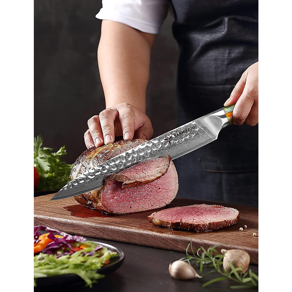 SANMUZUO 9 Inch Carving Knife, Slicing Knife - Hammered Damascus Steel & Resin Handle - Yao Series