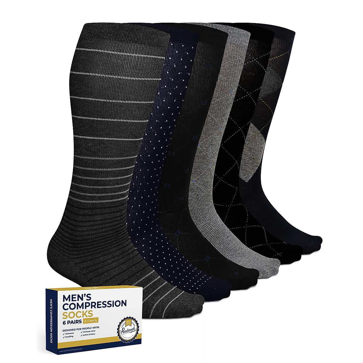 Pembrook Light Compression Socks for Men - 6 Pairs | 8-15 mmHg Cotton Compression Socks Men | Polkadots, Stripes, Argyle, Grey, Black Compression Socks for Men | Support Socks for Men