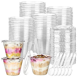 200 Pcs 9 oz Disposable Overnight Oats Jars Container with Lids and Spoons Set, Include 100 Pieces Plastic Yogurt Parfait Cups with Lids and 100 Pcs Spoons for Breakfast Snack Fruit, Veggies and Dips