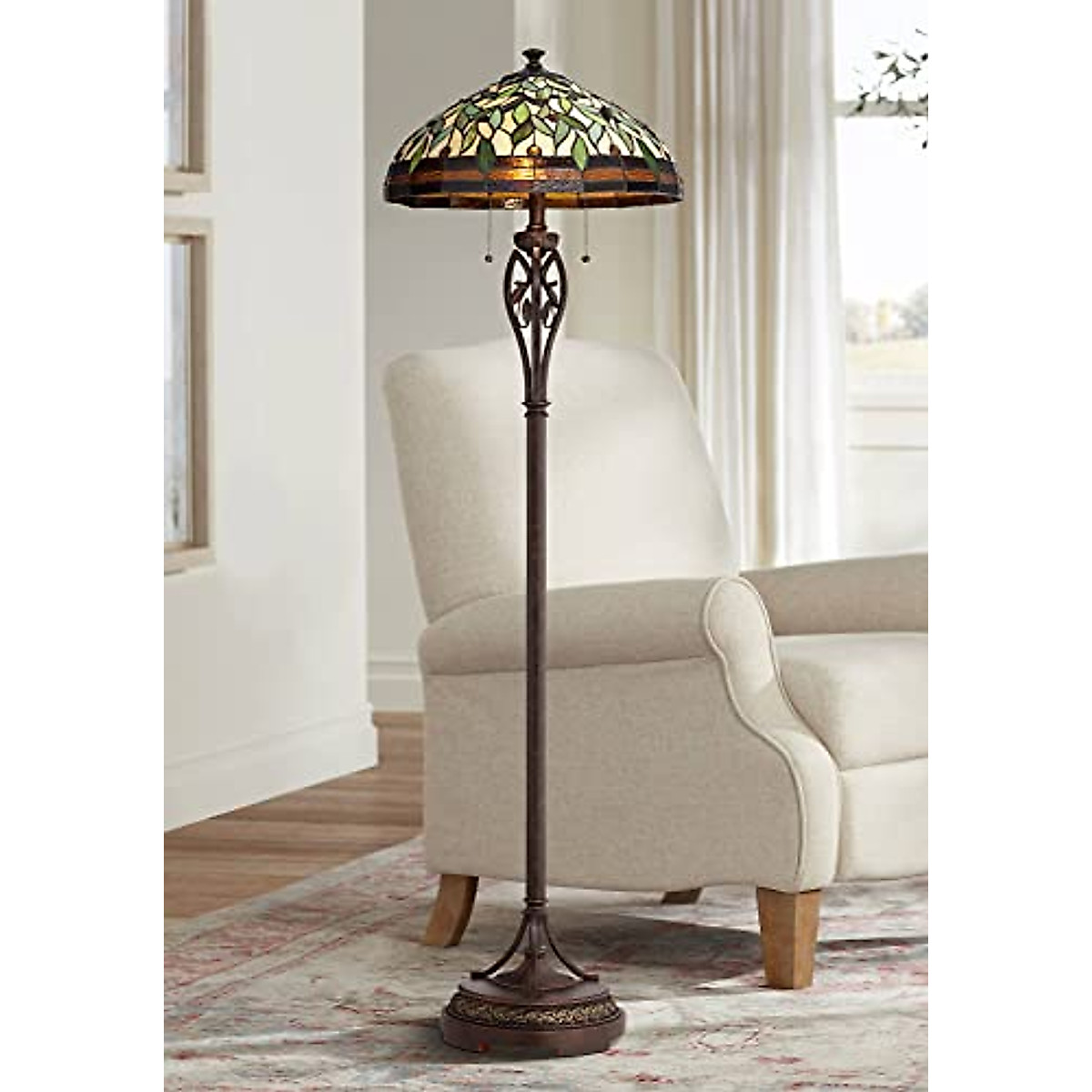Robert Louis Tiffany Leaf and Vine II Traditional Victorian Tiffany Style Floor Standing Lamp 60" Tall Bronze Gold Amber Green Stained Glass Dome Shade Decor for Living Room Reading House Bedroom