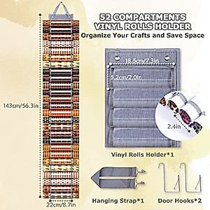 Modacraft Vinyl Roll Holder with 52 Compartments, Vinyl Organizer Storage Rack Wall Mount Clear Vinyl Hanging Bag and Keeper with Door Hooks and Strap for Home Craft Closet Wall Door, Grey