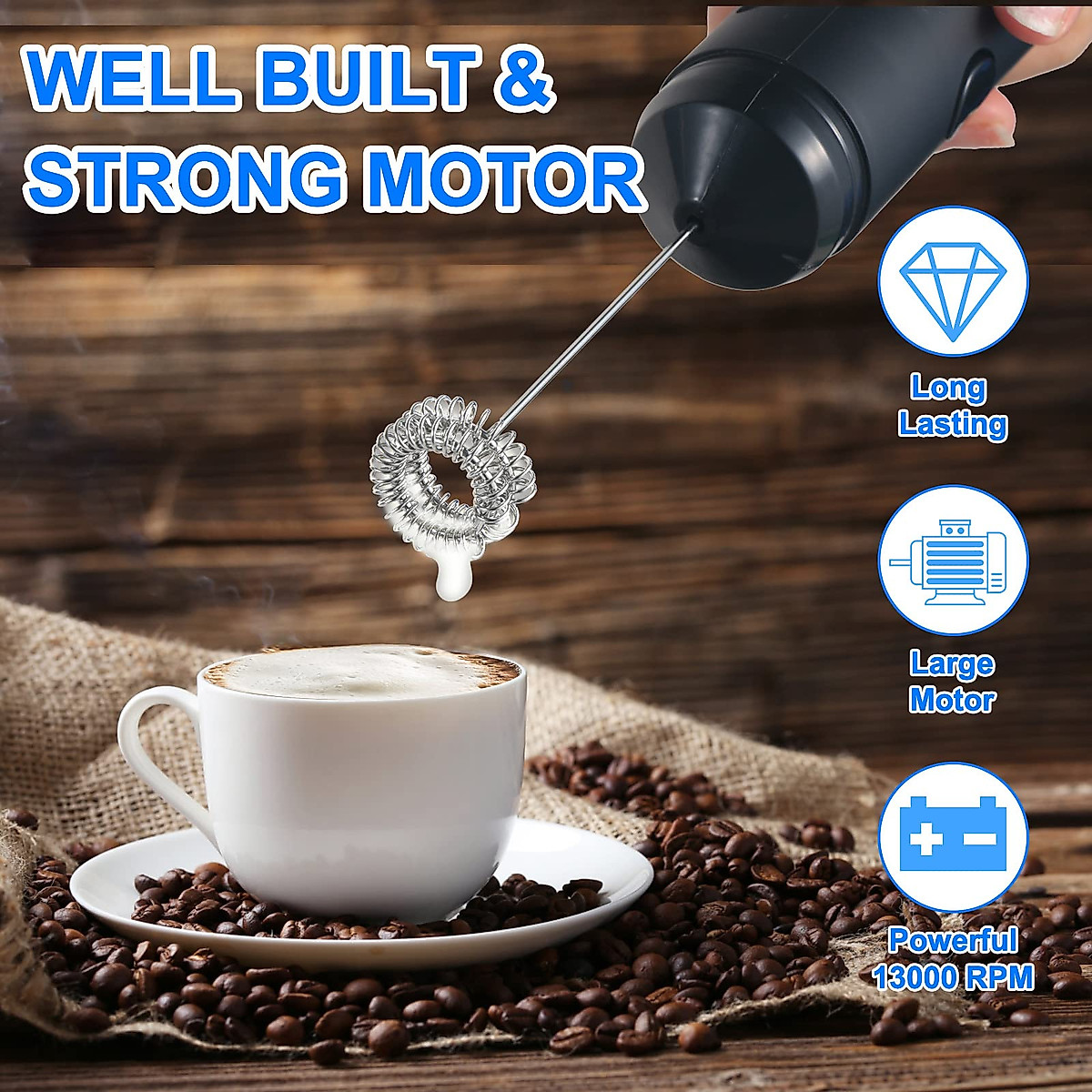 Milk Frother, Maker for Coffee, Latte, Cappuccino, Hot Chocolate, Durable Mini Drink Mixer With Stainless Steel, Black