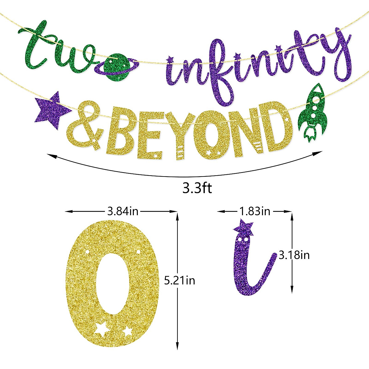 Two Infinity and Beyond Banner, 2 Years Old Banner, Space Themed Birthday Banner, 2nd Birthday Party Decor (Green Gold Purple)