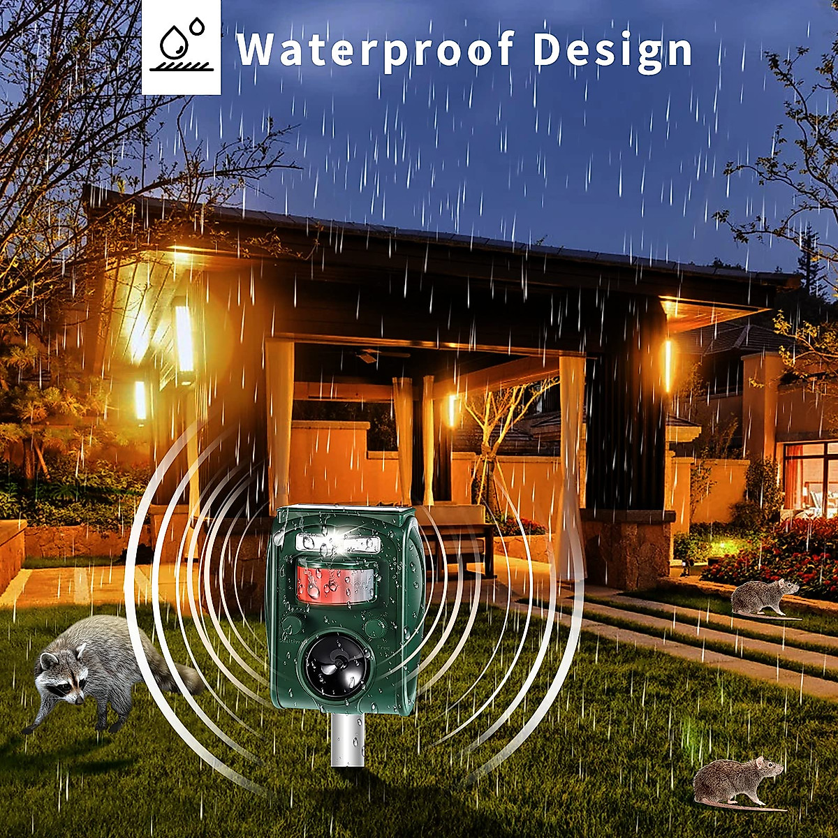 GOLDENPEAK Ultrasonic Animal Repellent Outdoor Cat Repellent Solar Animal Repeller. Motion Activated and Flashing LED Light Siren Repeller. for Dog, Raccoon, Deer, Bird, Skunk, Squirrel, Rabbit, Fox