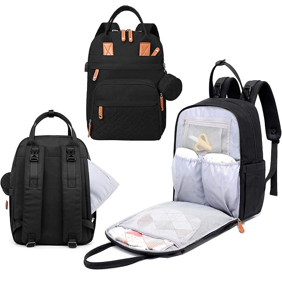 UISKOOPW Diaper Backpack, Baby Nappy Waterproof Changing Bags Travel BackPack with Changing Pad & Stroller Straps (Black)