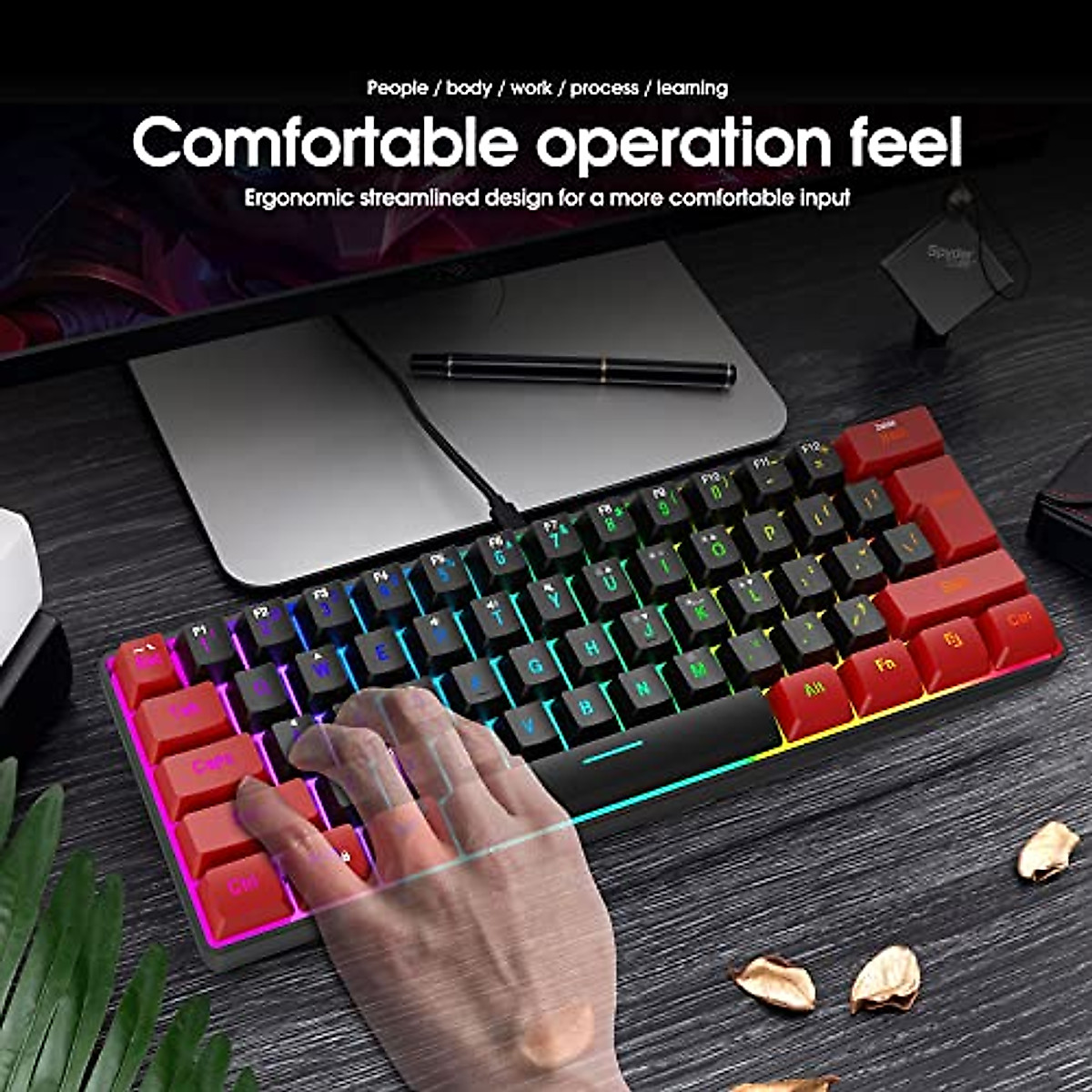 Snpurdiri 60% Wired Gaming Keyboard, True RGB Mini Quiet Ergonomic Water-Resistant Small Keyboard for Work, Gaming,Office (Red-Black)