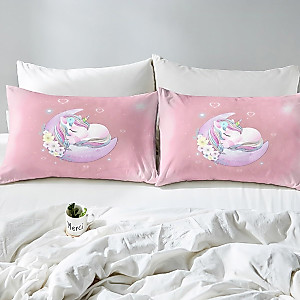 Feelyou Pink Unicorn Bed Sheet Set Twin, Cartoon Unicorn Bedding Set Bed Sheet SetGirls Cute Unicorn Fitted Sheet Fairy Dreamy Horse Bed Cover Microfiber Room Decor Lightweight Bed Set (No Flat Sheet)