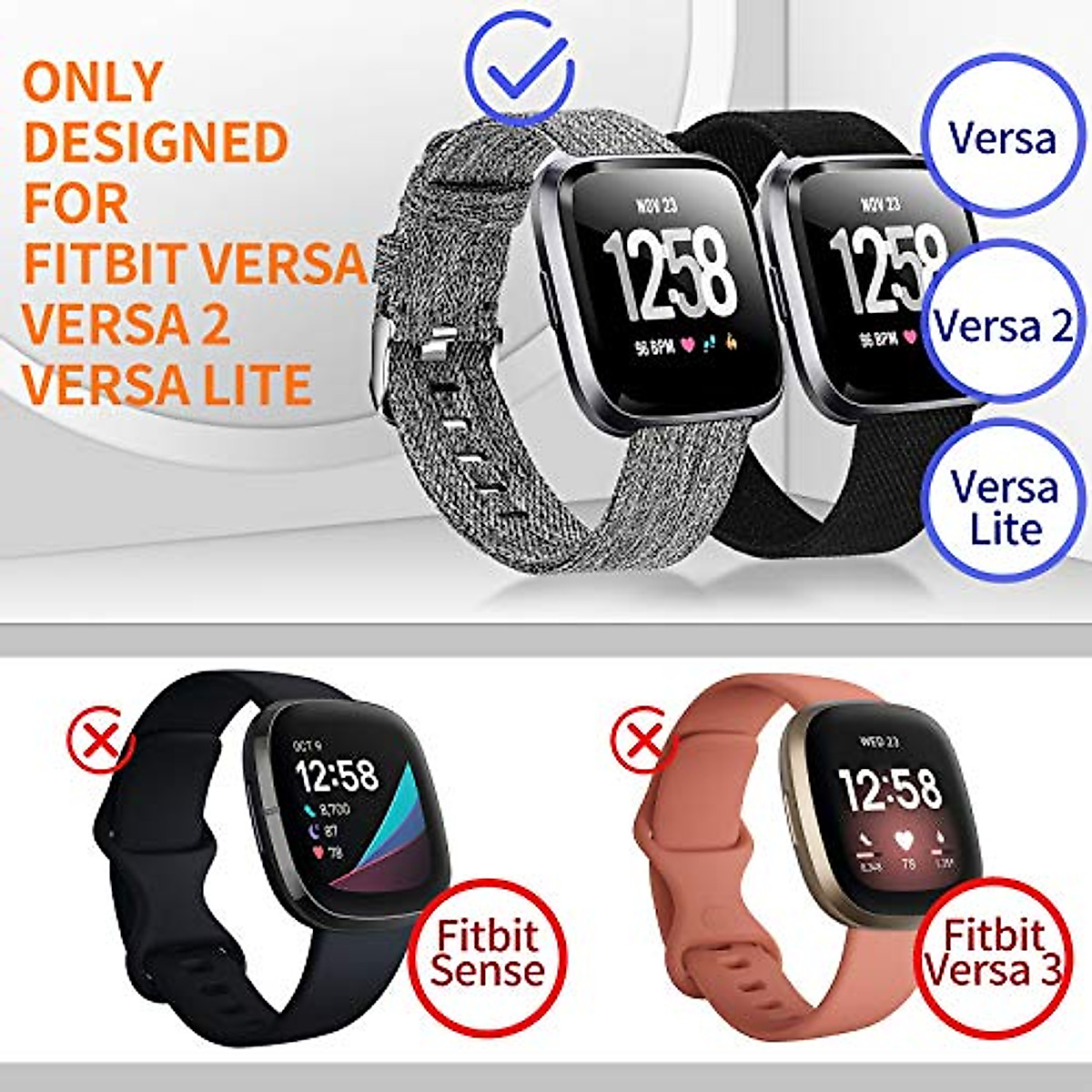 Welltin 2 Pack Bands Compatible with Fitbit Versa / Fitbit Versa 2 / Fitbit Versa Lite for Women Men, Breathable Woven Fabric Strap, Adjustable Replacement Wristband for Fitbit Versa Smart Watch