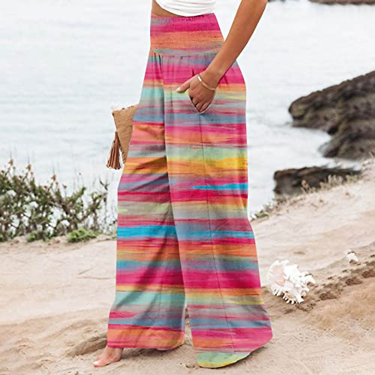 Flare Yoga Pants, Women's Stylish High Waist Sweatpants Casual Elastic Floral Print Wide Leg Trousers Casual Beach Slacks with Pockets Womens Flowy Pants Tall Trousers Joggers (XL, Hot Pink)